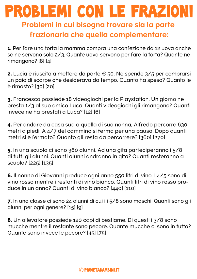 32 Problemi con le Frazioni per la Scuola Primaria | PianetaBambini.it