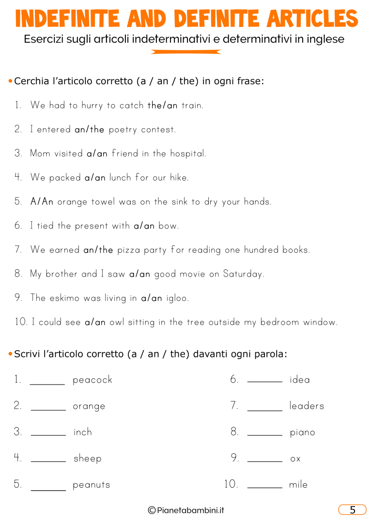Articoli in Inglese: Schede per la Scuola Primaria | PianetaBambini.it