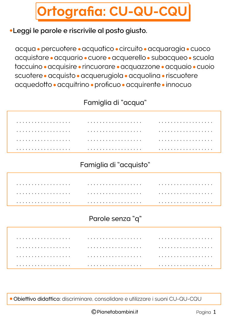 Schede Didattiche su CU-QU-CQU da Stampare | PianetaBambini.it
