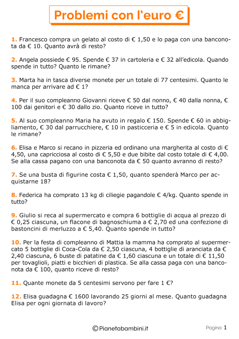 20 Problemi con l'Euro per la Scuola Primaria | PianetaBambini.it
