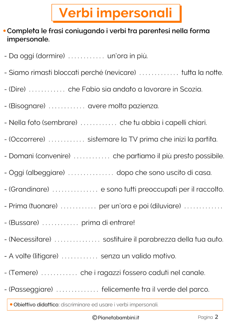 Verbi Impersonali: Esercizi per la Scuola Primaria | PianetaBambini.it