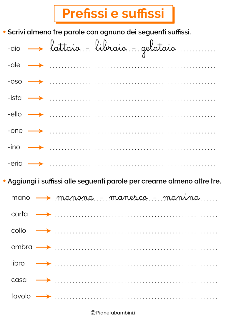 Prefissi e Suffissi: Esercizi per la Scuola Primaria | PianetaBambini.it