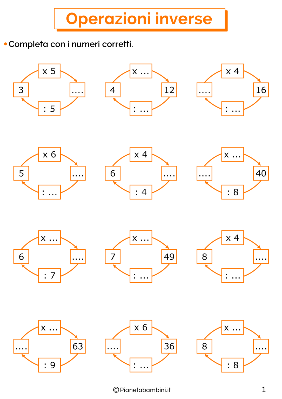 Operazioni Inverse: Schede per la Classe Prima e Seconda ...