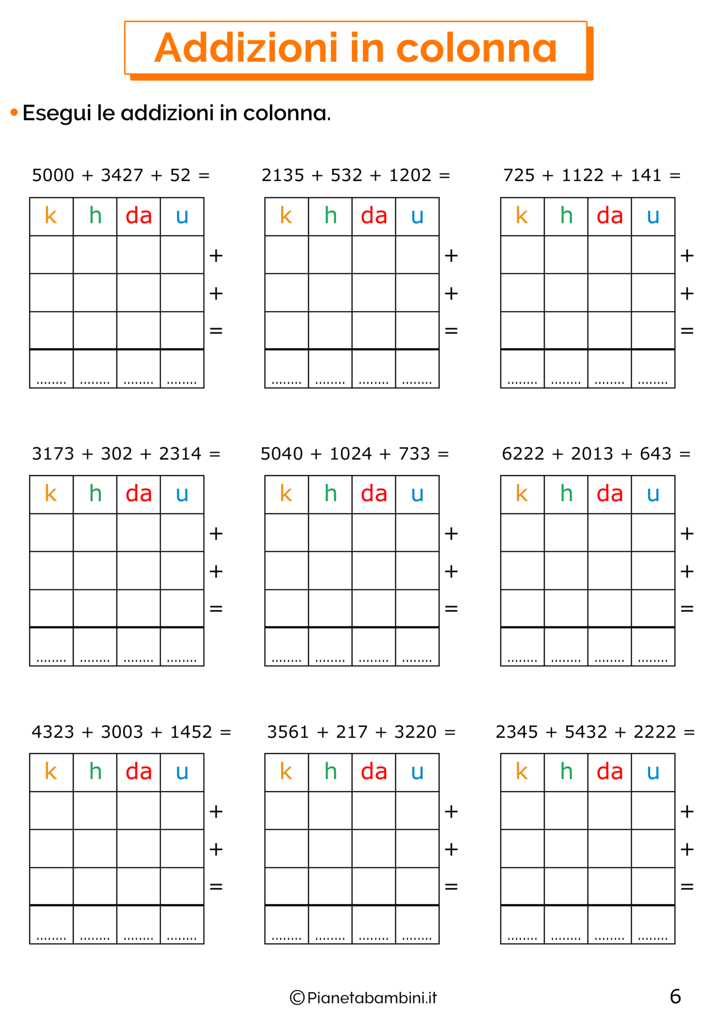 Esercizi sulle Addizioni per la Scuola Primaria da Stampare | PianetaBambini.it