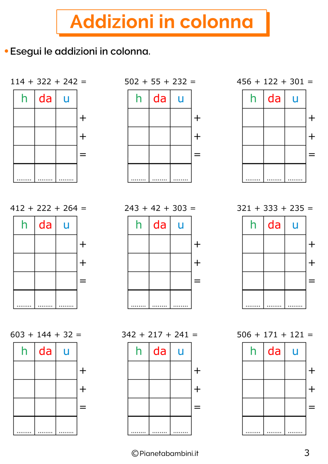 Esercizi sulle Addizioni per la Scuola Primaria da Stampare | PianetaBambini.it