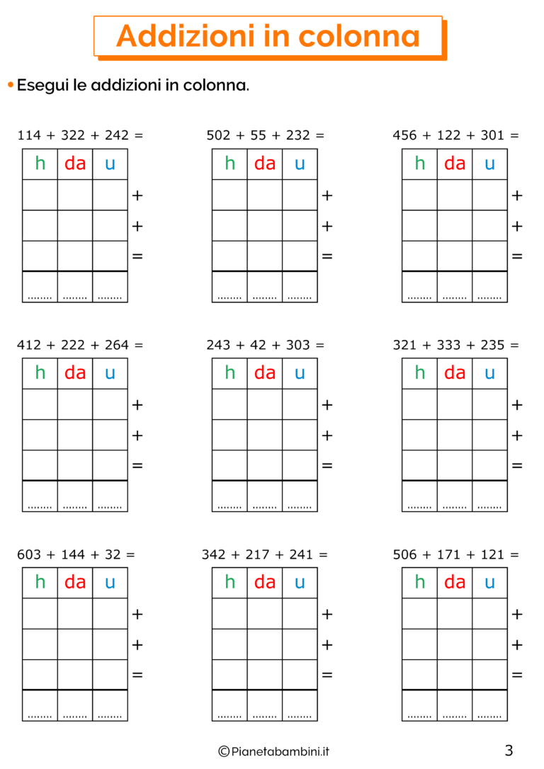 Esercizi sulle Addizioni per la Scuola Primaria da Stampare | PianetaBambini.it