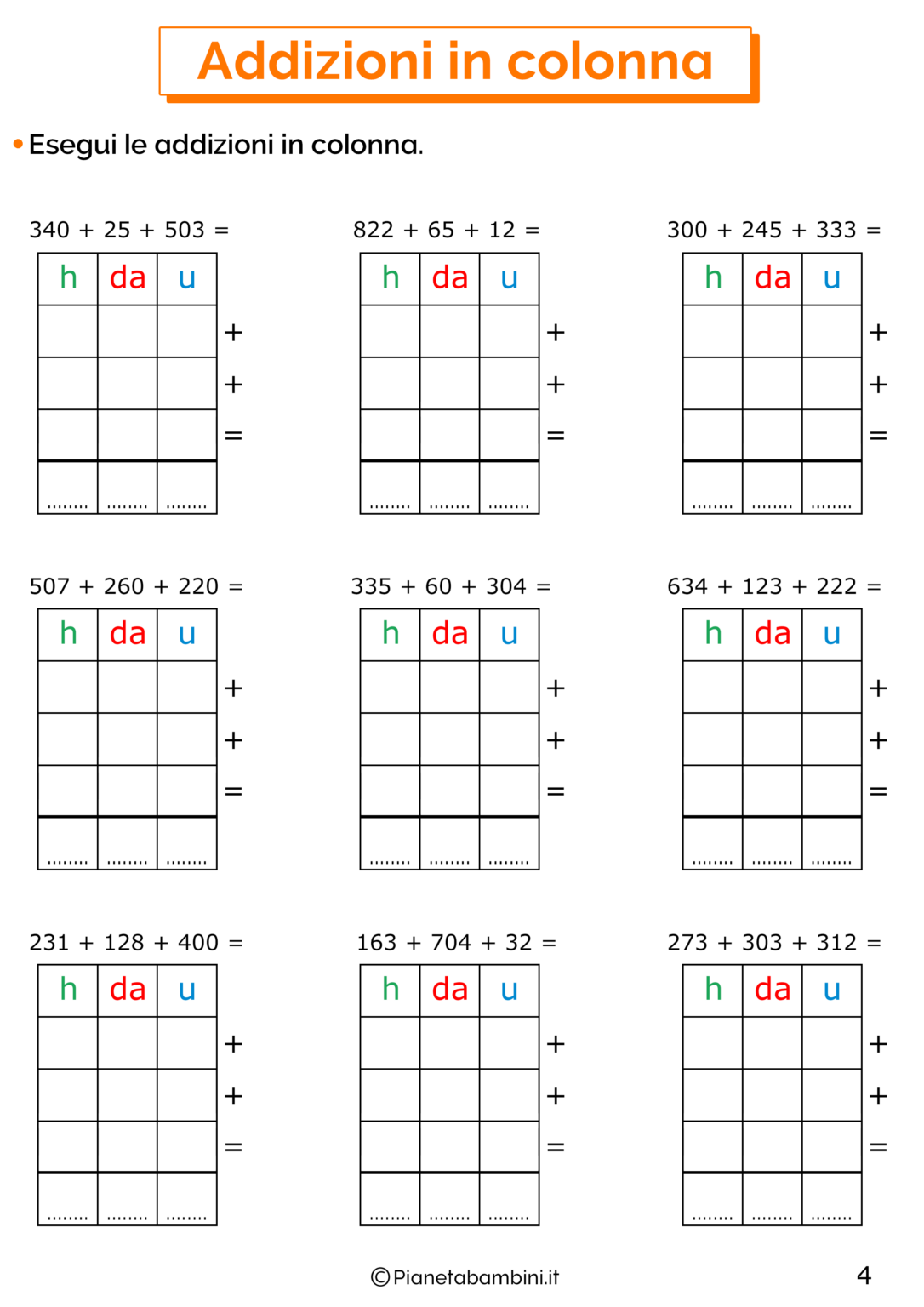 Esercizi sulle Addizioni per la Scuola Primaria da Stampare | PianetaBambini.it