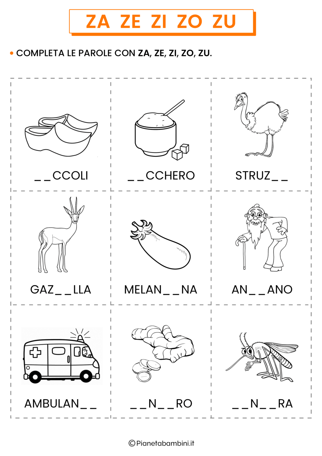 Schede Didattiche su ZA ZE ZI ZO ZU | PianetaBambini.it