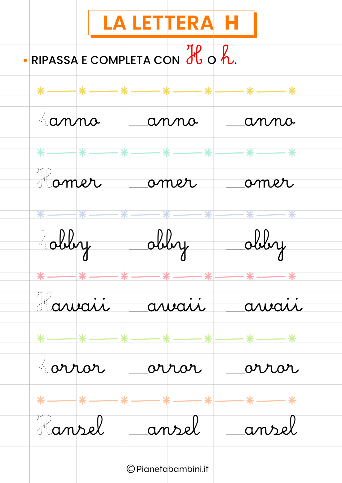 Schede sulla Lettera H per la Classe Prima | PianetaBambini.it