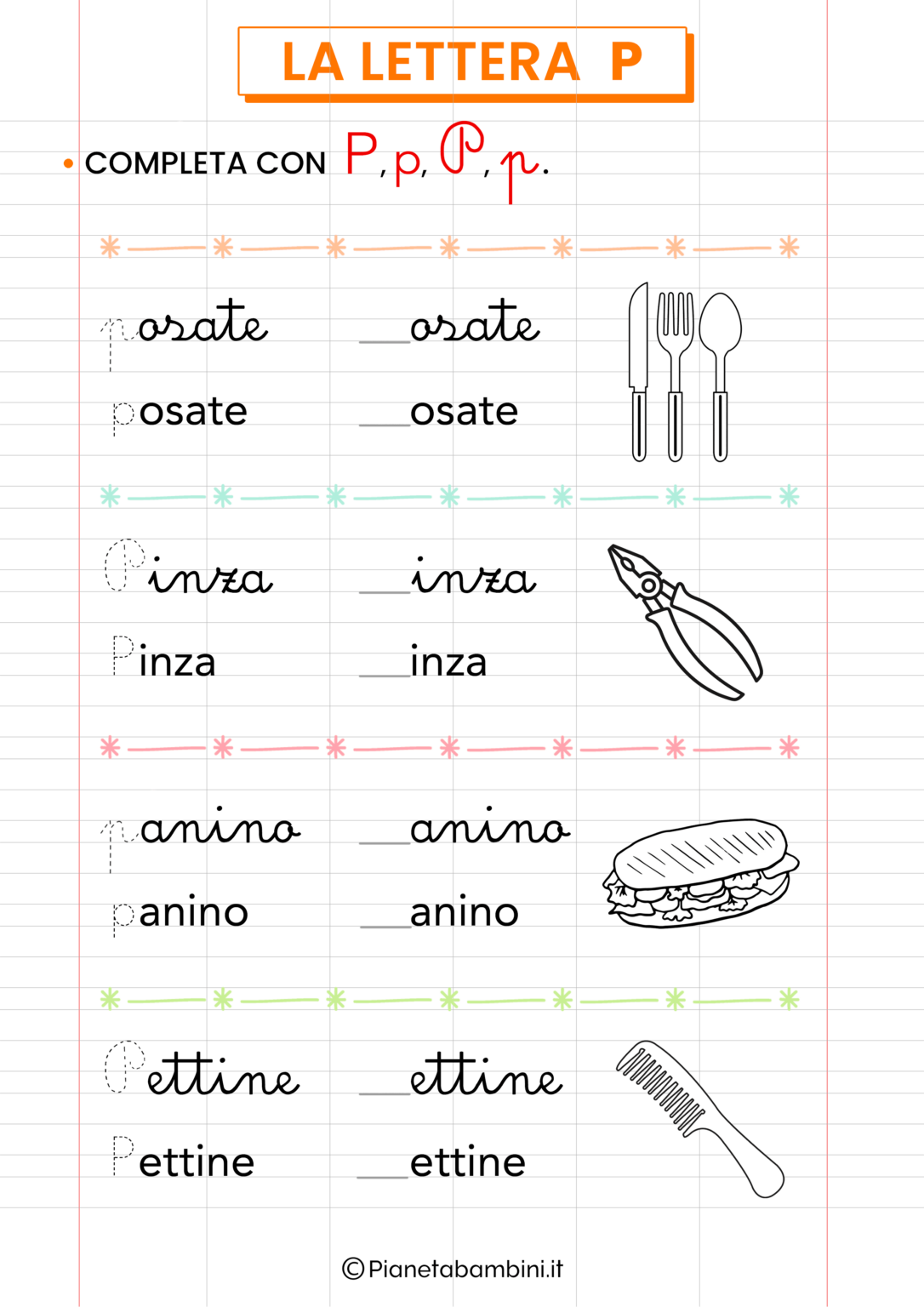 Schede sulla Lettera P per la Classe Prima | PianetaBambini.it