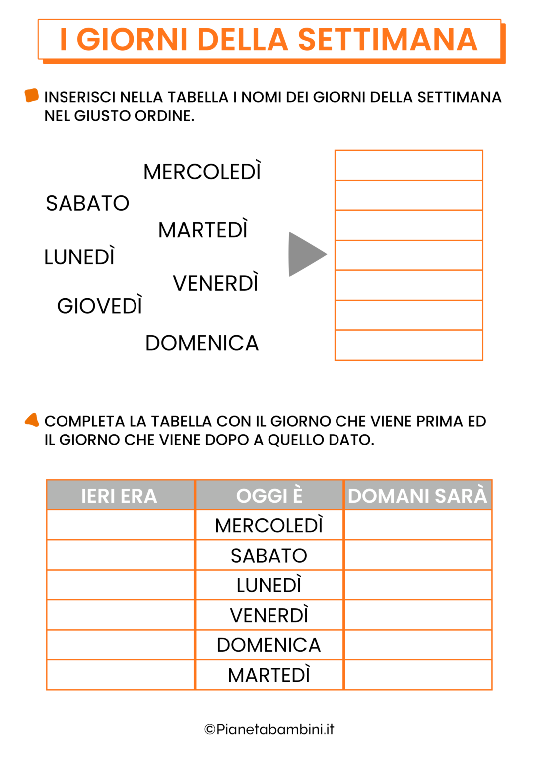 I Giorni della Settimana: Schede per la Classe Prima | PianetaBambini.it