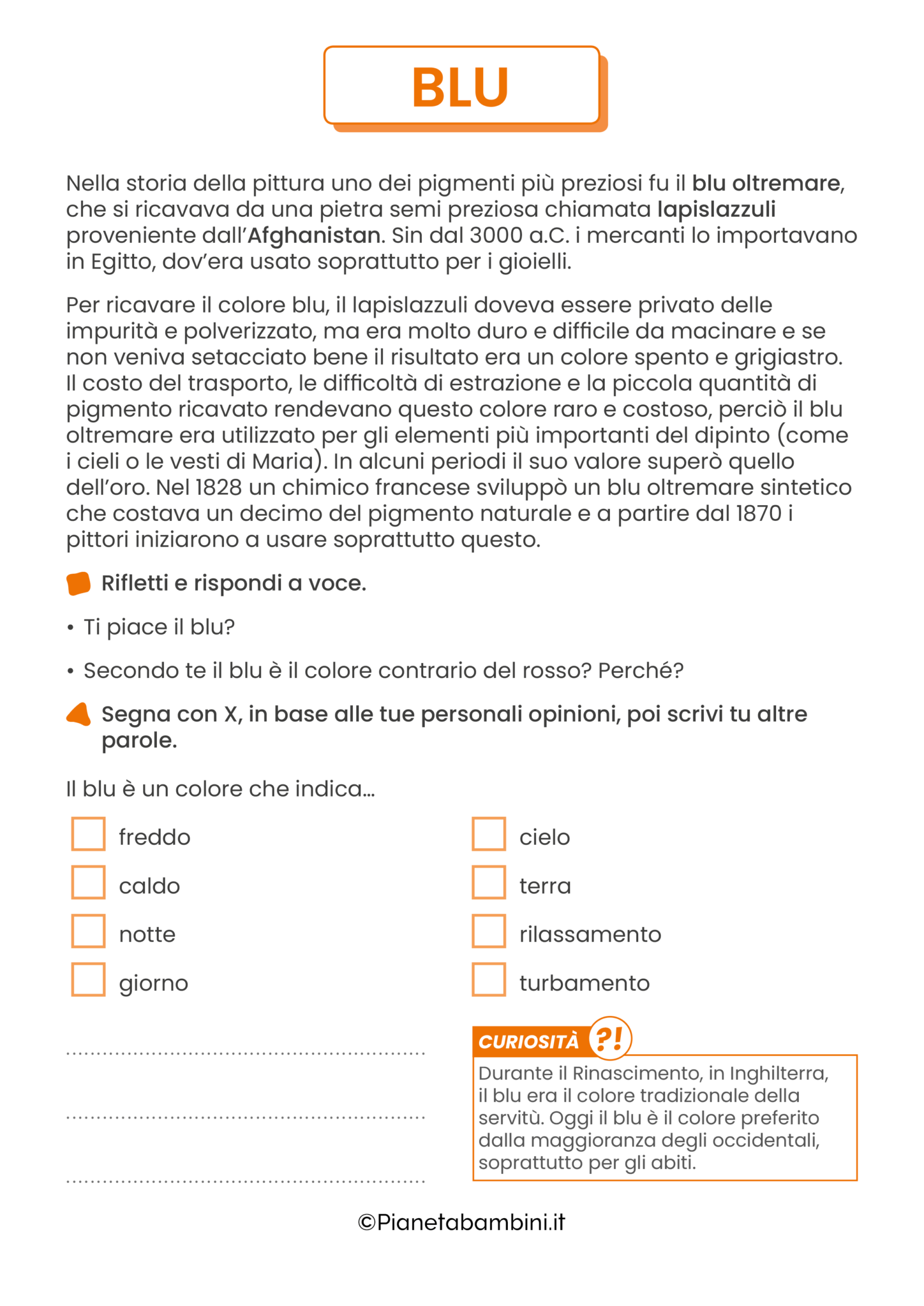 Schede Didattiche sul Colore Blu | PianetaBambini.it