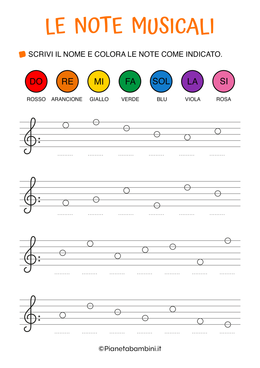 Note Musicali da Colorare sul Pentagramma | PianetaBambini.it