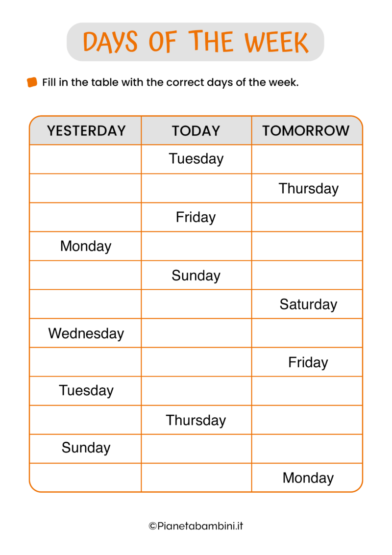 Giorni della Settimana in Inglese: Schede per la Scuola Primaria ...