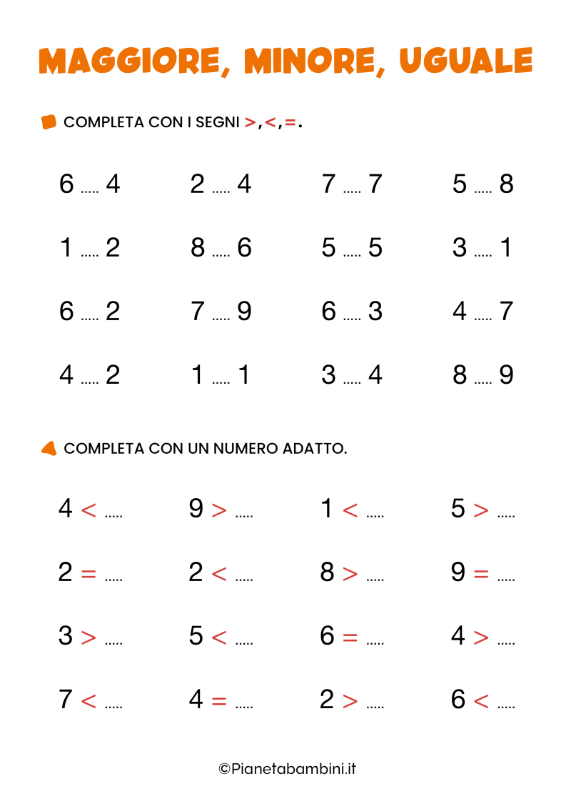 Maggiore, Minore, Uguale: Schede per la Classe Prima | PianetaBambini.it