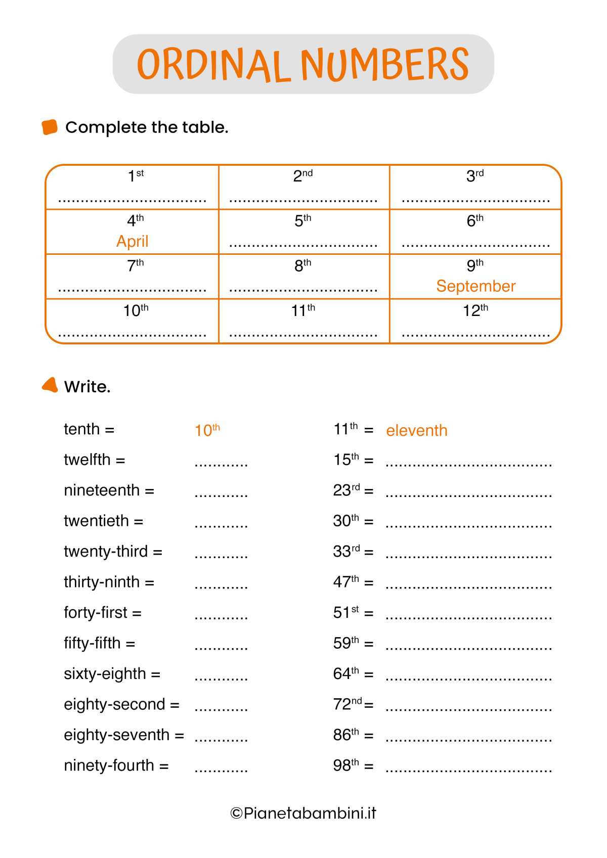 I Numeri Ordinali in Inglese: Schede per la Scuola Primaria ...