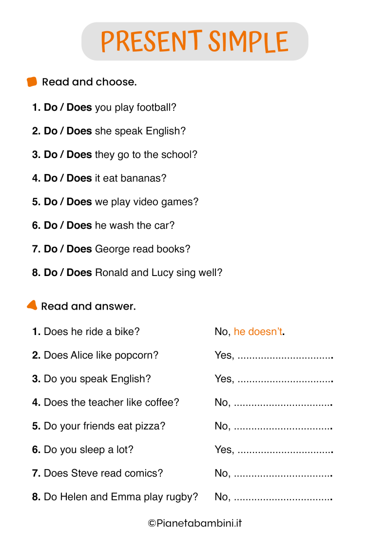 Present Simple: Schede per la Scuola Primaria | PianetaBambini.it