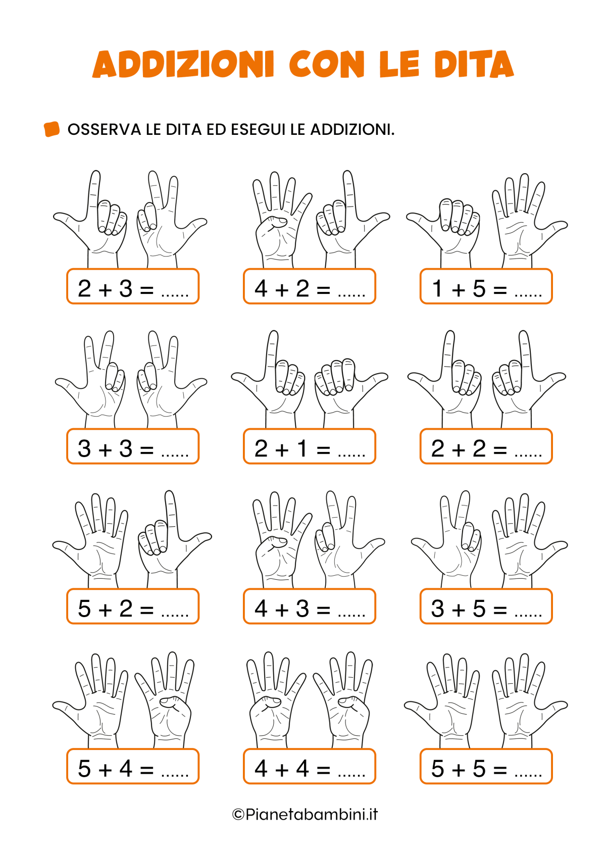 Addizioni con le Dita: Schede per la Classe Prima | PianetaBambini.it