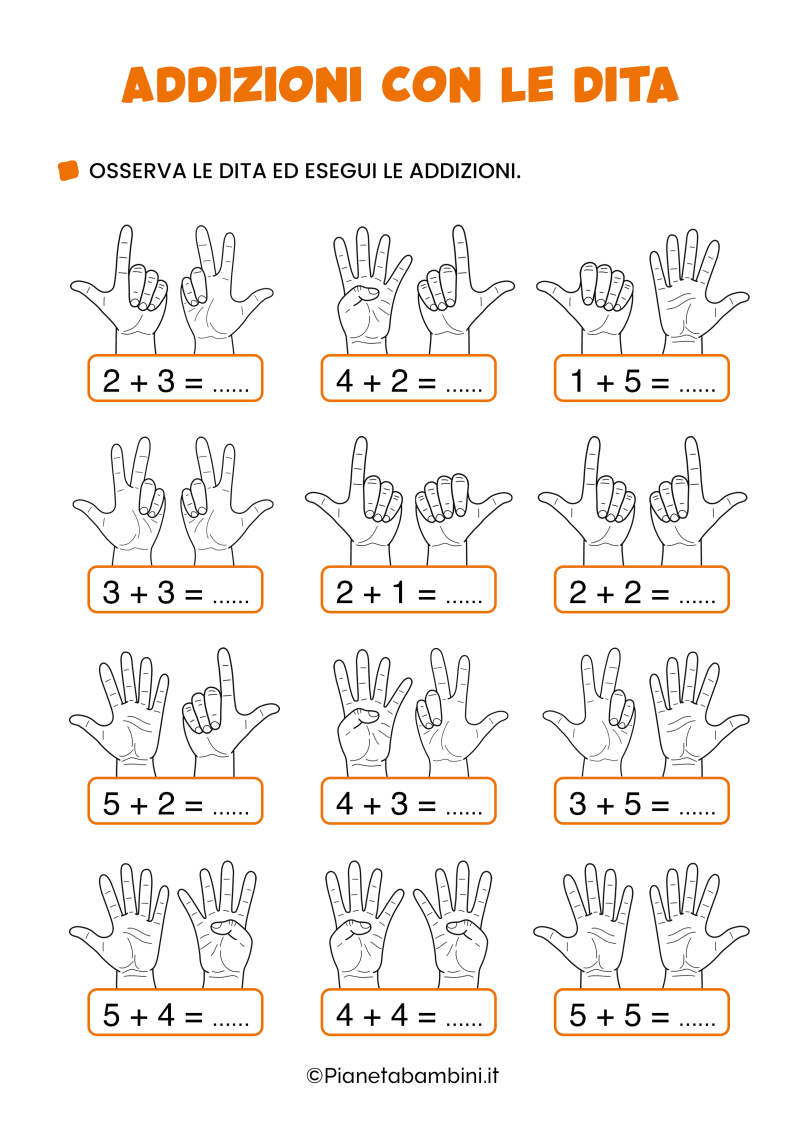 Addizioni con le Dita: Schede per la Classe Prima | PianetaBambini.it