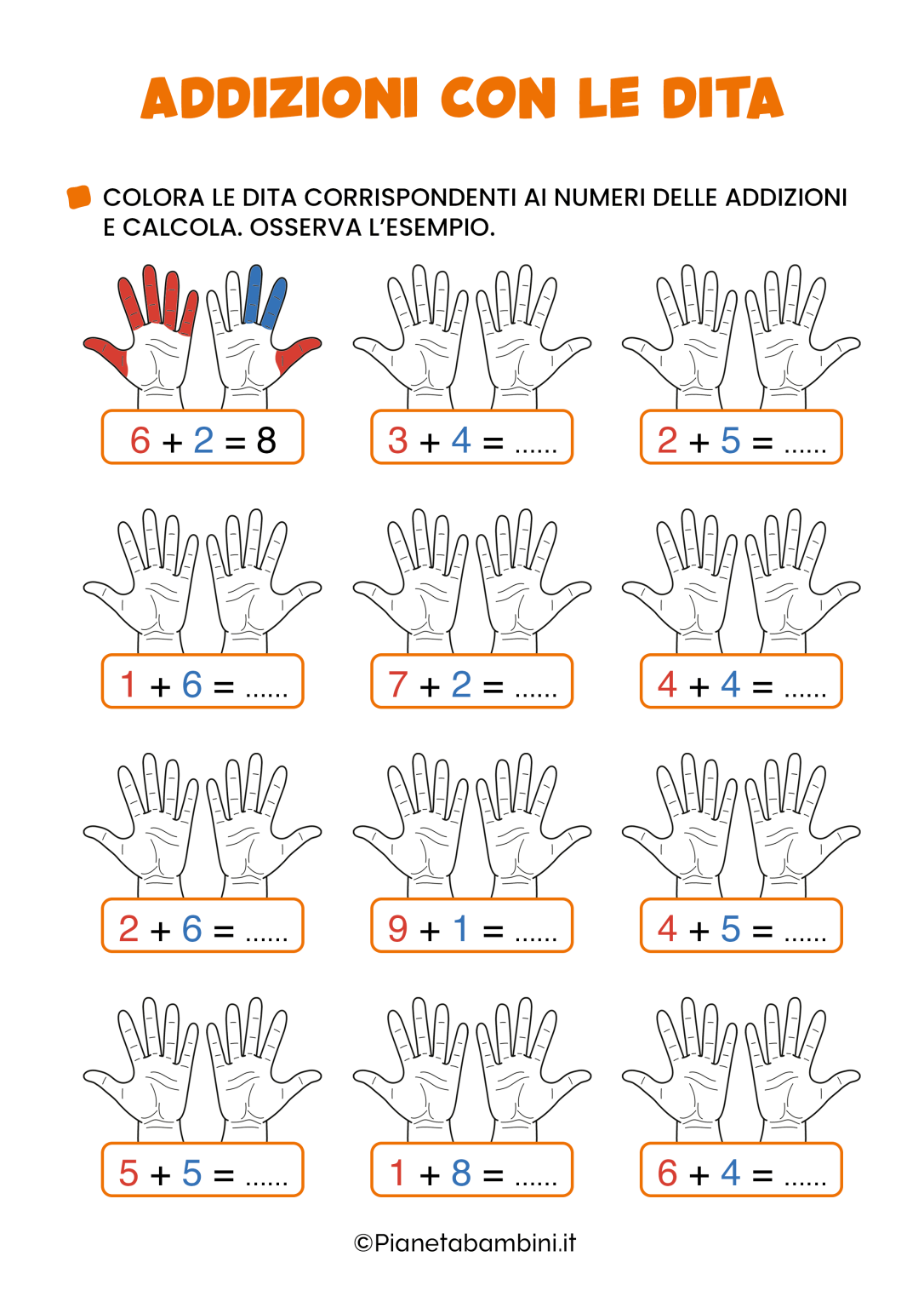 Addizioni con le Dita: Schede per la Classe Prima | PianetaBambini.it