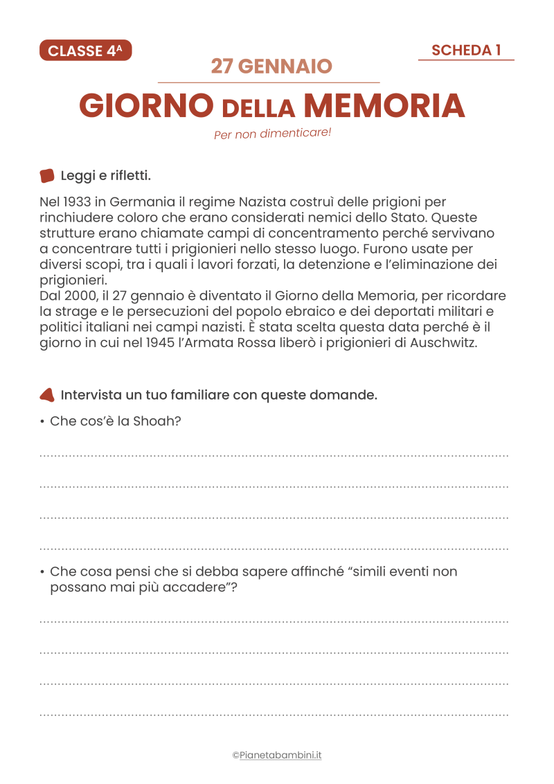 Giorno della Memoria: Schede per la Scuola Primaria | PianetaBambini.it