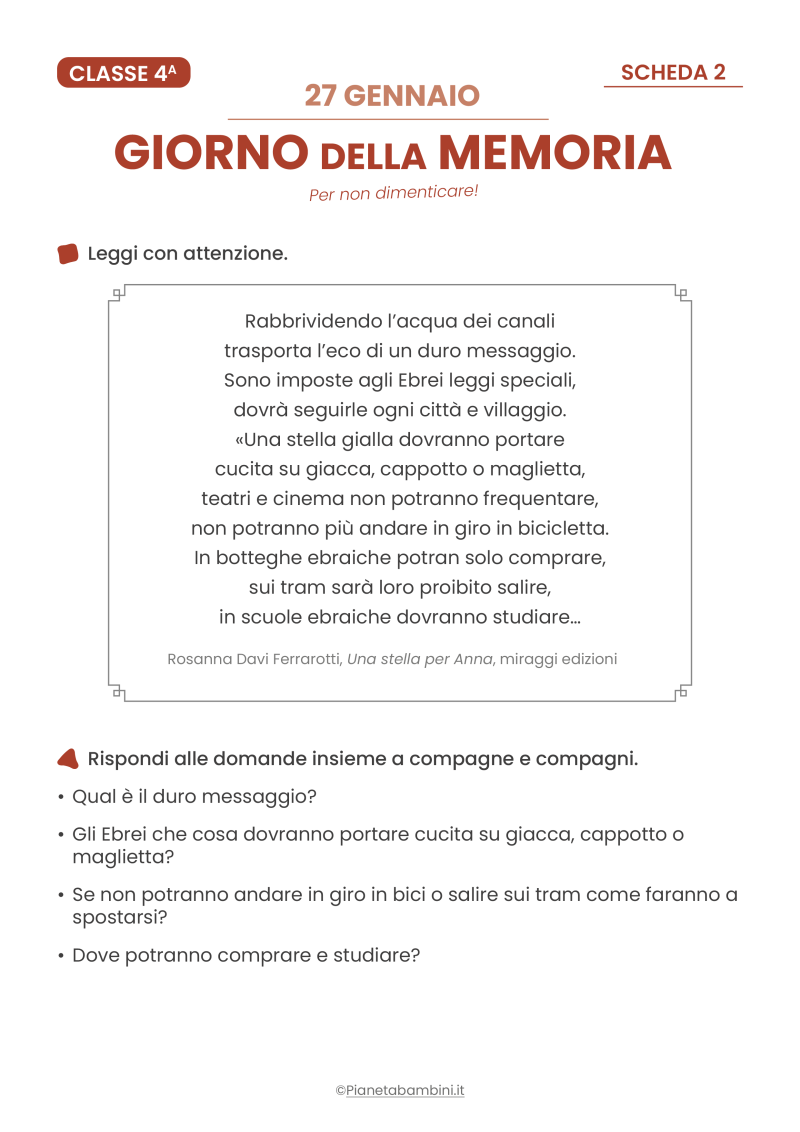 Giorno della Memoria: Schede per la Scuola Primaria | PianetaBambini.it