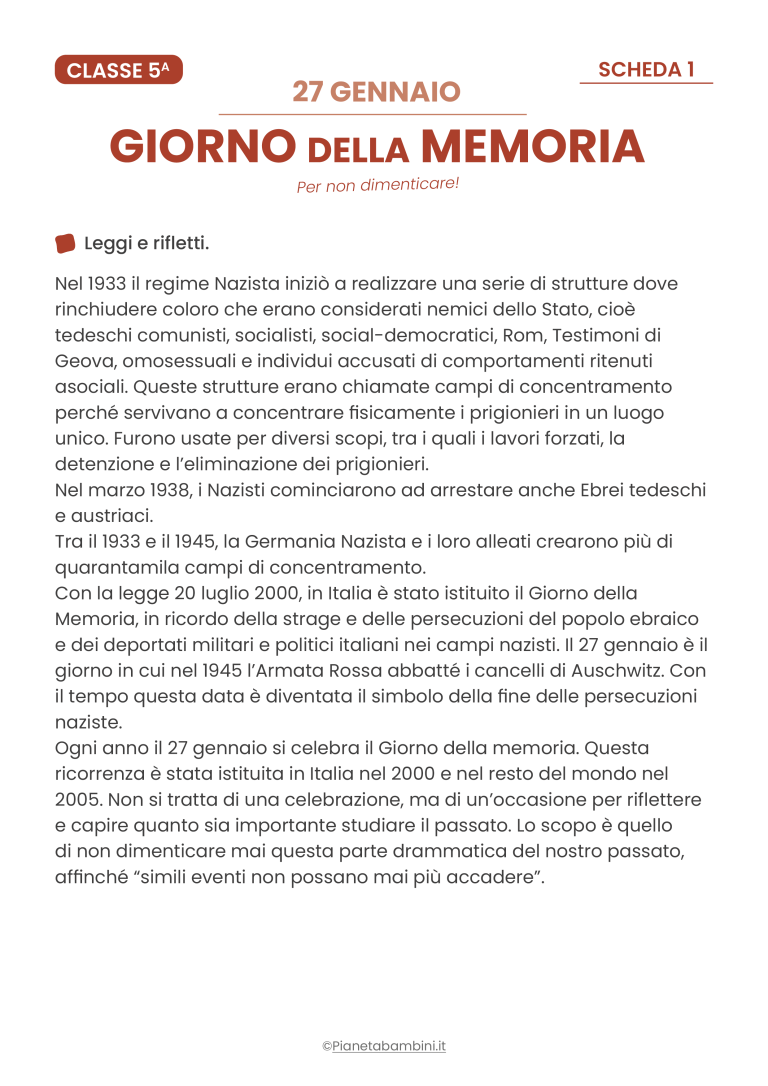 Giorno della Memoria: Schede per la Scuola Primaria | PianetaBambini.it