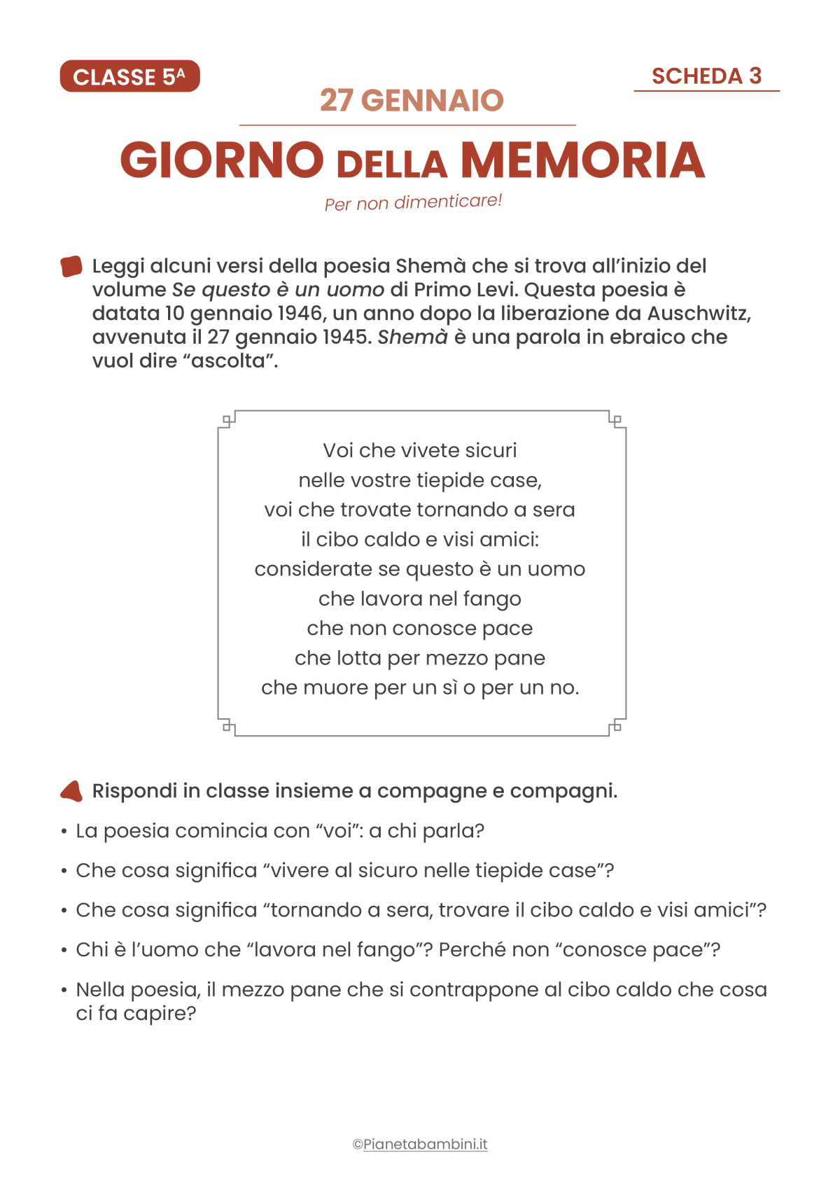 Giorno della Memoria: Schede per la Scuola Primaria | PianetaBambini.it