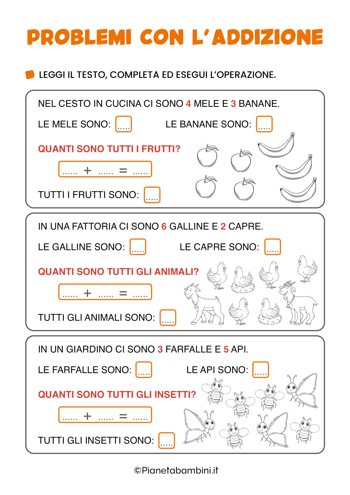 Problemi Illustrati con l'Addizione per la Classe Prima | PianetaBambini.it