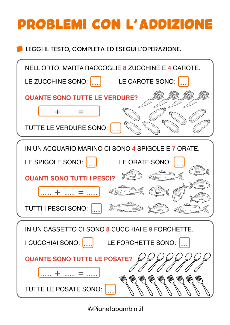 Problemi Illustrati con l'Addizione per la Classe Prima | PianetaBambini.it