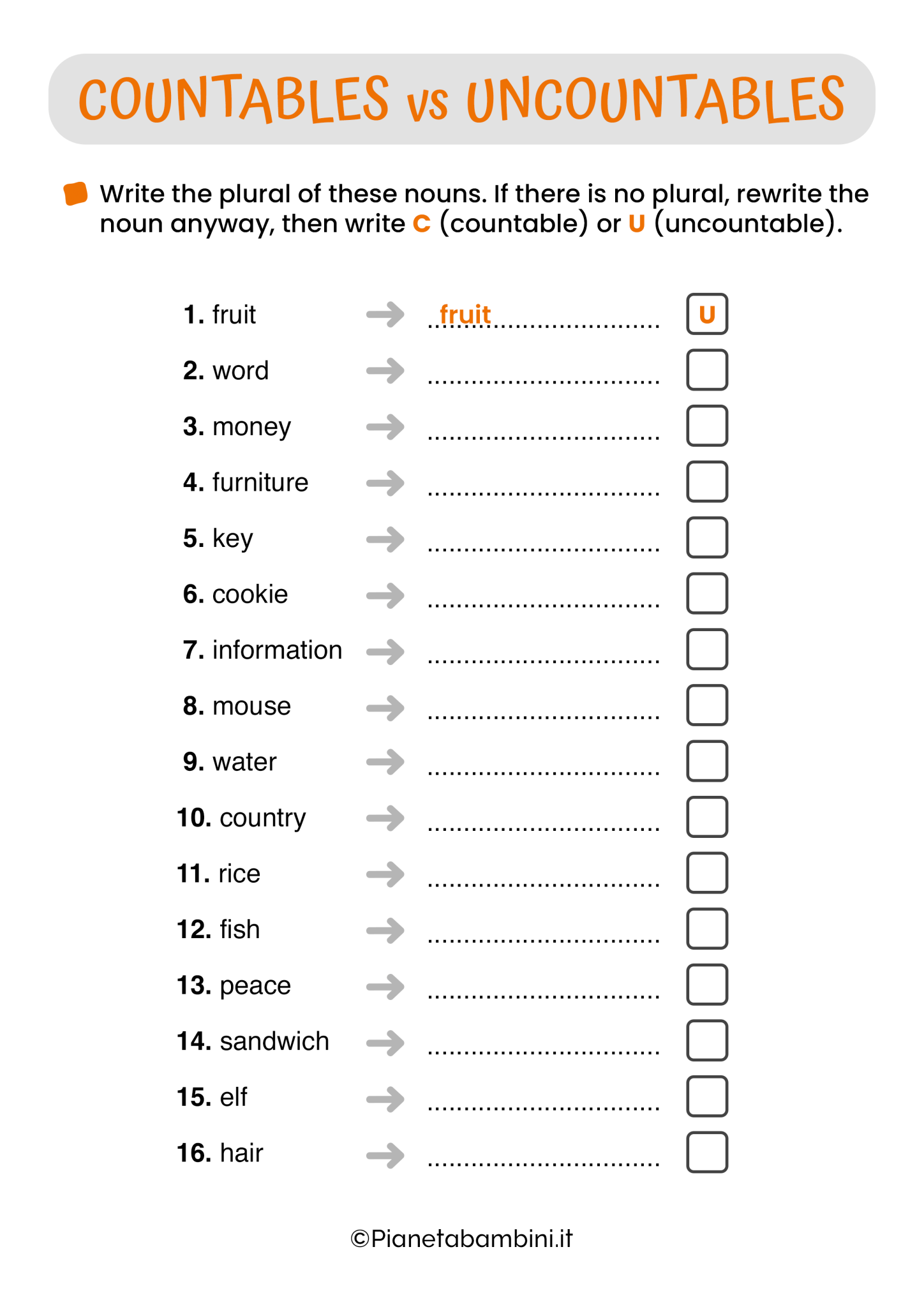 Countable and Uncountable Nouns: Schede per la Scuola Primaria ...