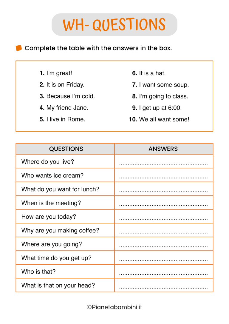 WH Question Words: Schede per la Scuola Primaria | PianetaBambini.it