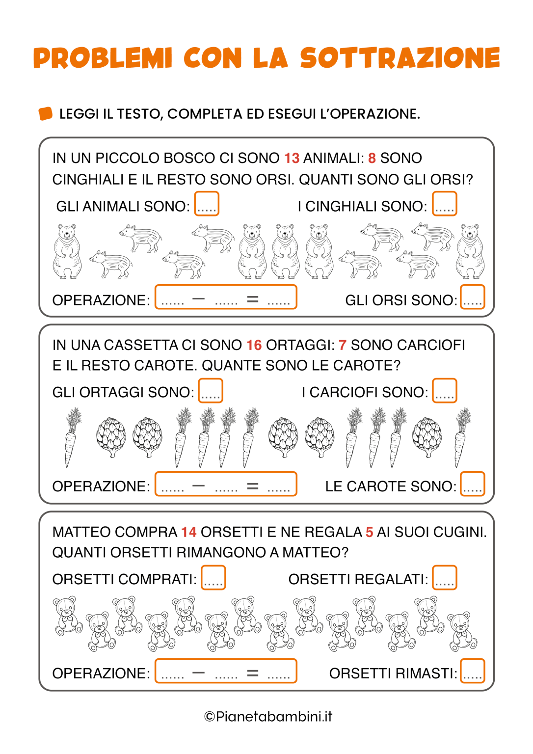 Problemi Illustrati con la Sottrazione per la Classe Prima ...