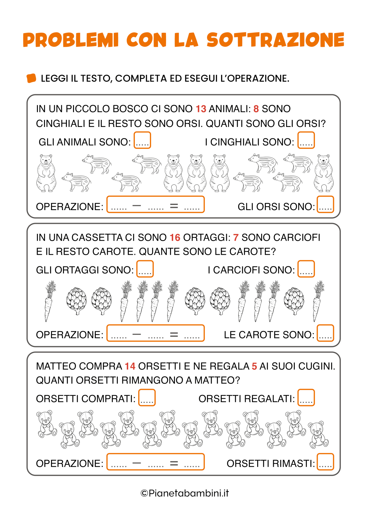 Problemi Illustrati con la Sottrazione per la Classe Prima ...