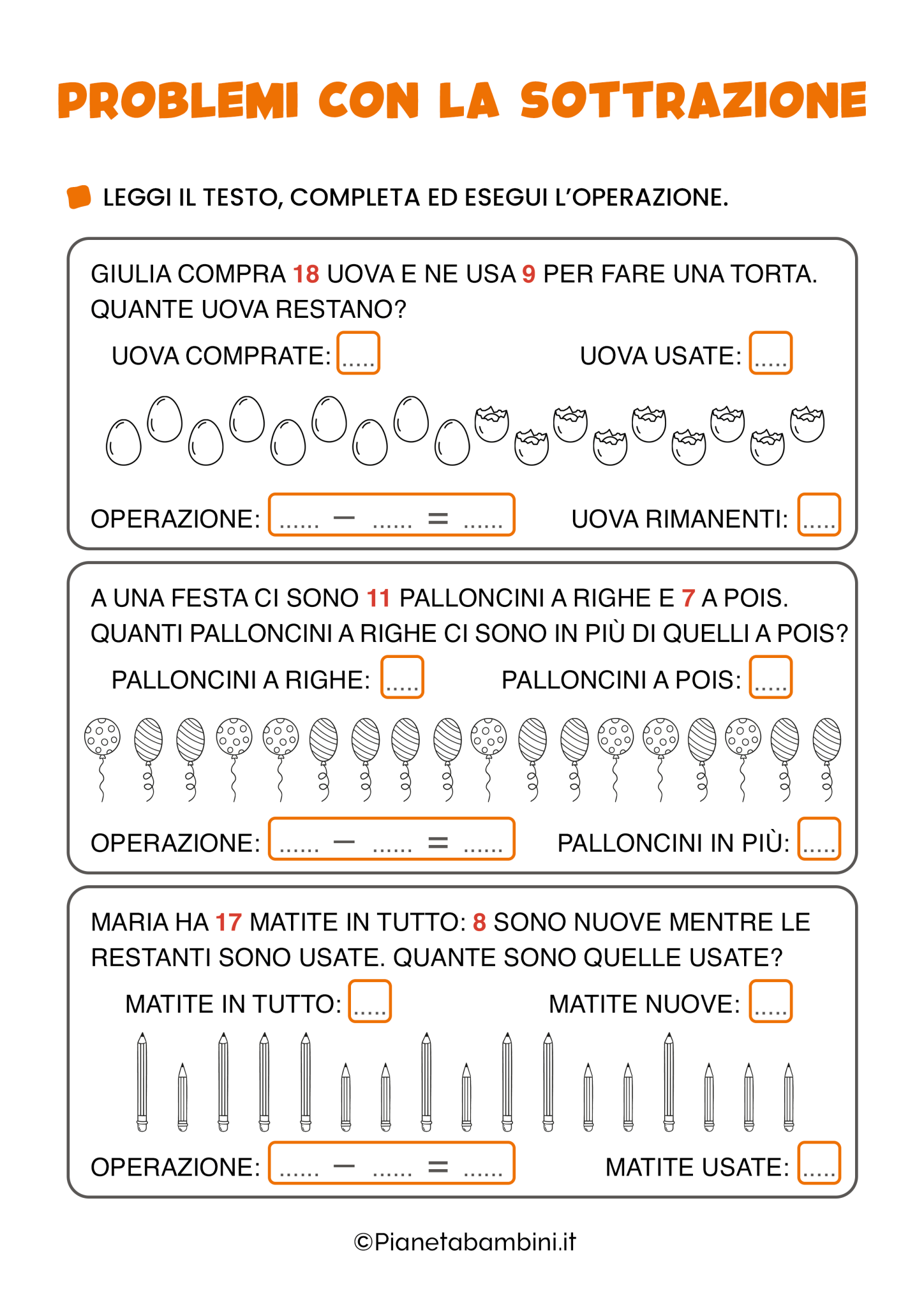 Problemi Illustrati con la Sottrazione per la Classe Prima ...