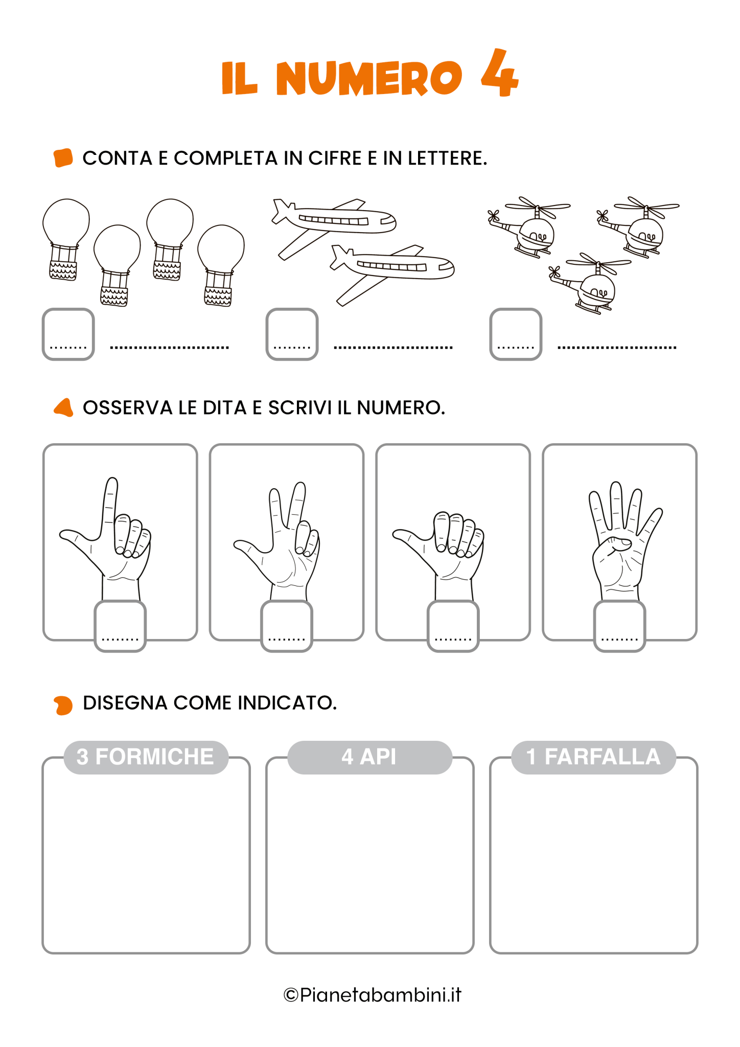 Il Numero 4: Schede per la Classe Prima | PianetaBambini.it