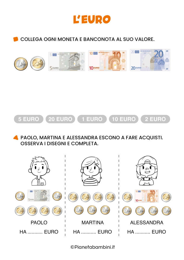 Schede Didattiche sull'Euro per la Scuola Primaria | PianetaBambini.it