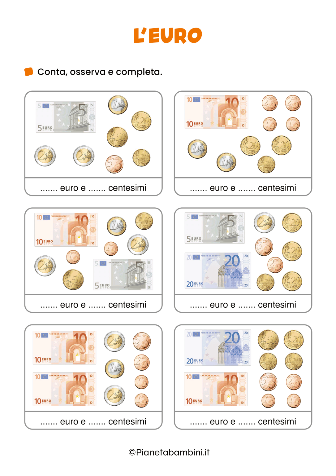 Schede Didattiche sull'Euro per la Scuola Primaria | PianetaBambini.it