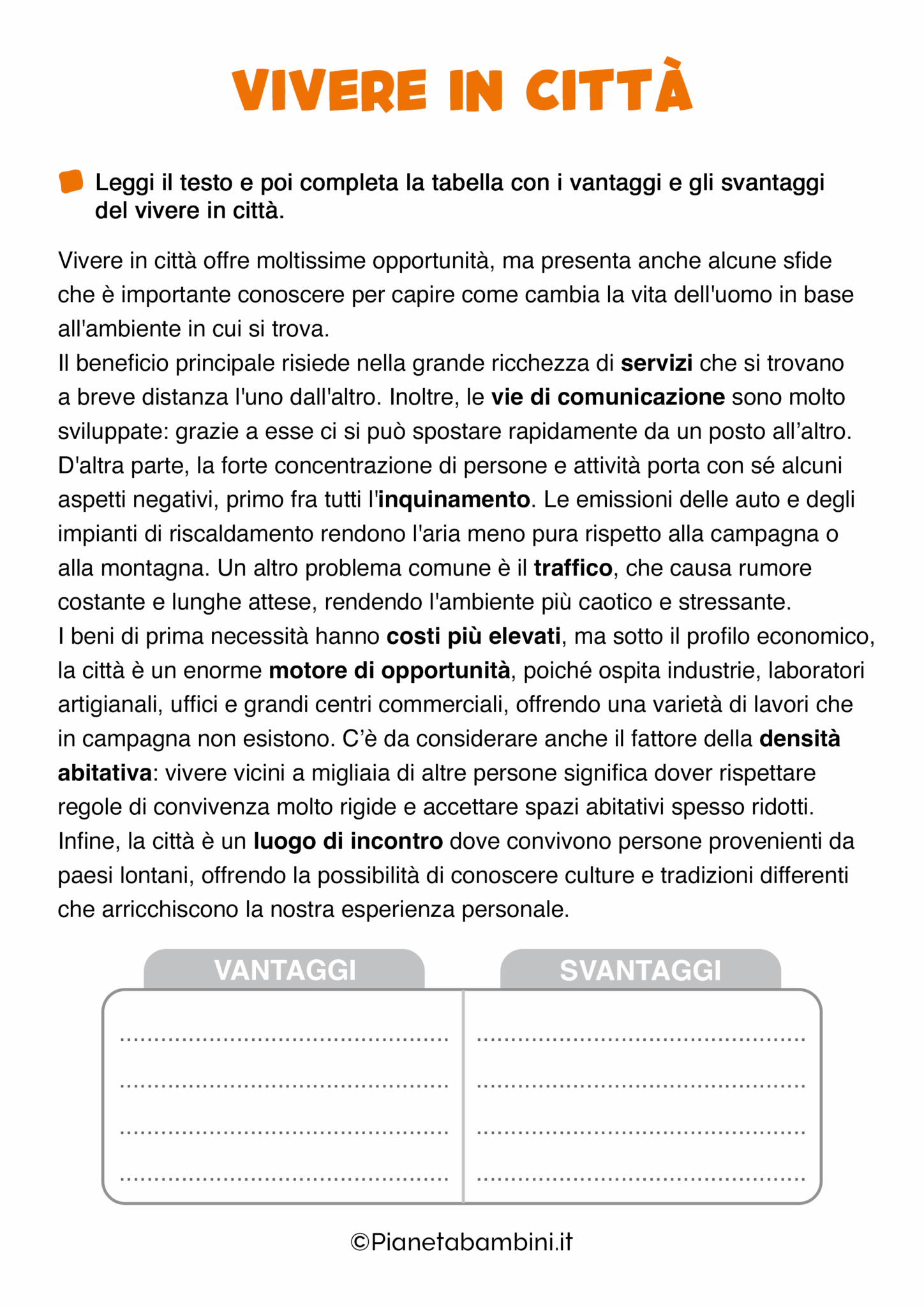 La Città: Schede per la Classe Terza | PianetaBambini.it